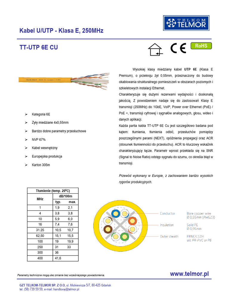 Kabel TT-UPT 6E CU Karta Katalogowa | PDF