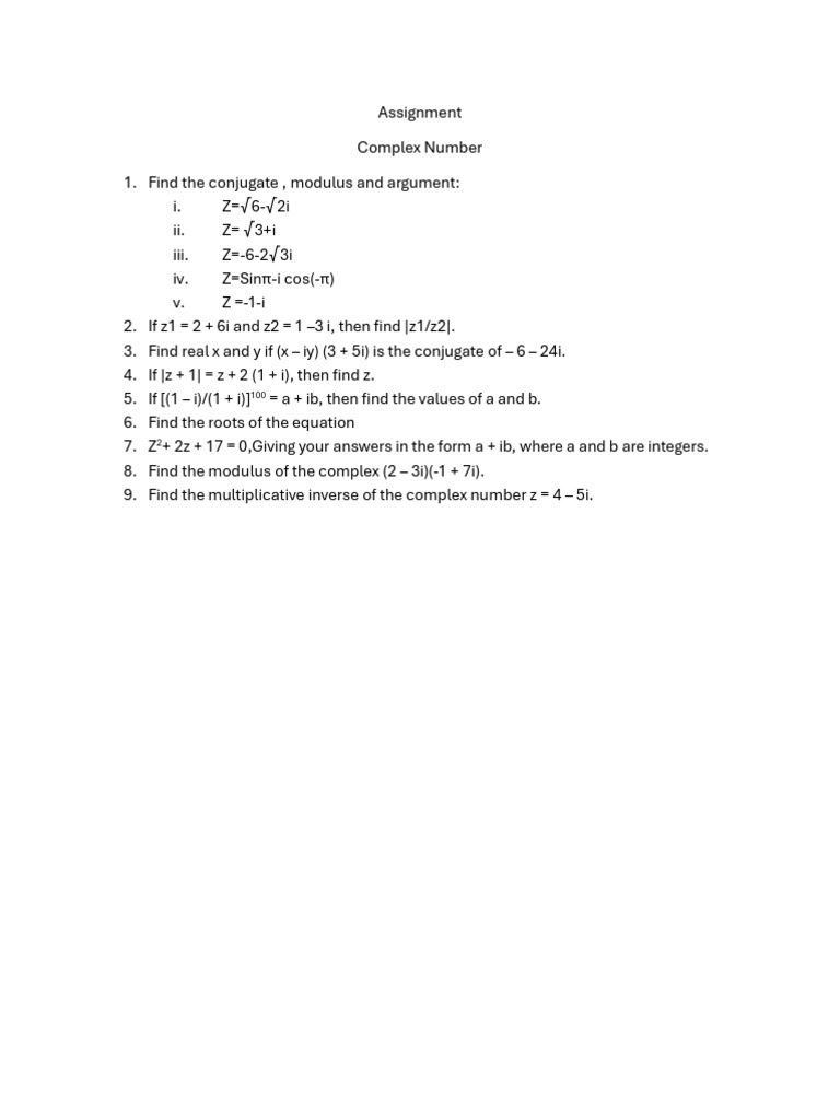 Complex Numbers Assignment Guide | PDF
