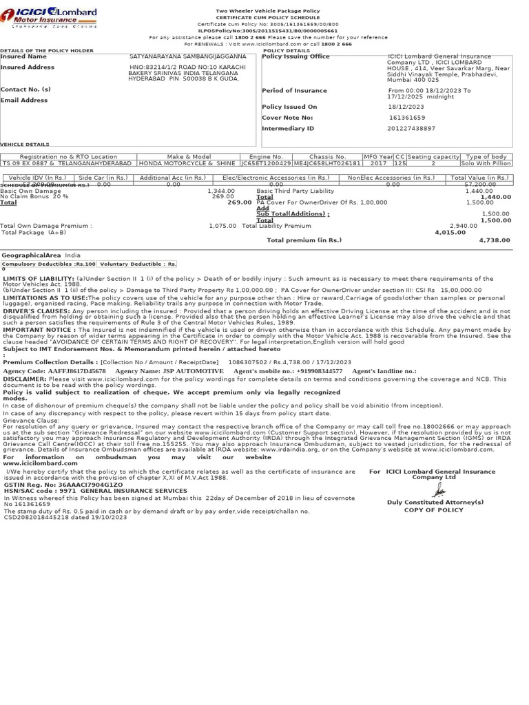Two Wheeler Insurance Policy Details | PDF | Insurance | Civil Law ...