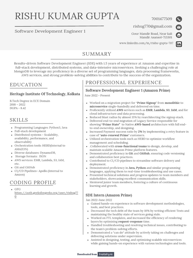 Software Development Engineer Profile | PDF | Amazon Web Services ...
