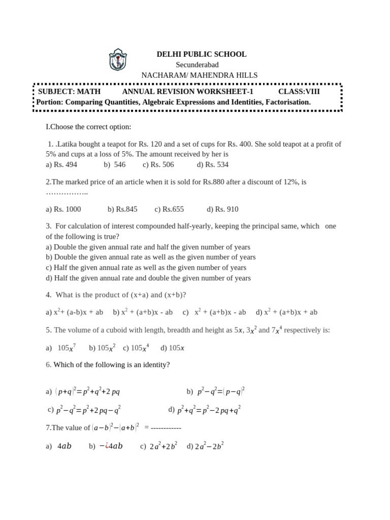 Class-8 Math AE Rev Ws-1 | PDF | Interest | Economies