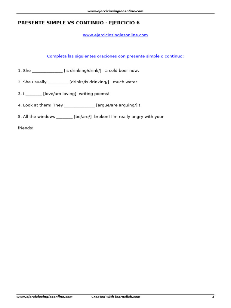 Presente Simple Vs Continuo Ejercicio 6 | PDF