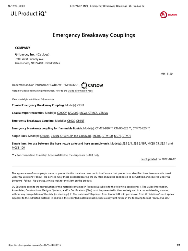 ERBY - MH14120 - Emergency Breakaway Couplings - UL Product Iq | PDF