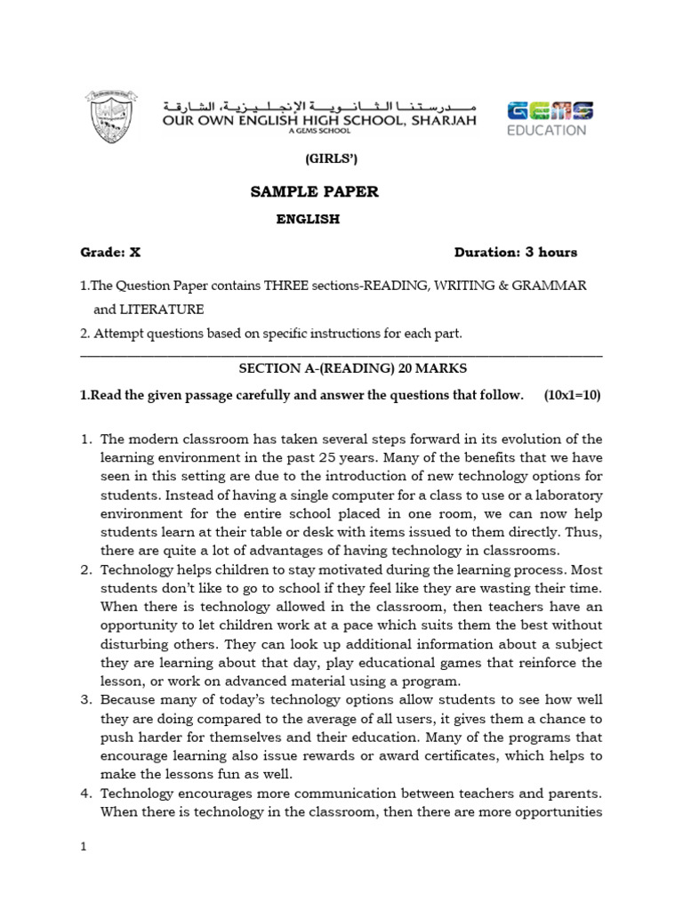 GR 10 - English Sample Paper - 1 - 2024 | PDF | Classroom | Teachers