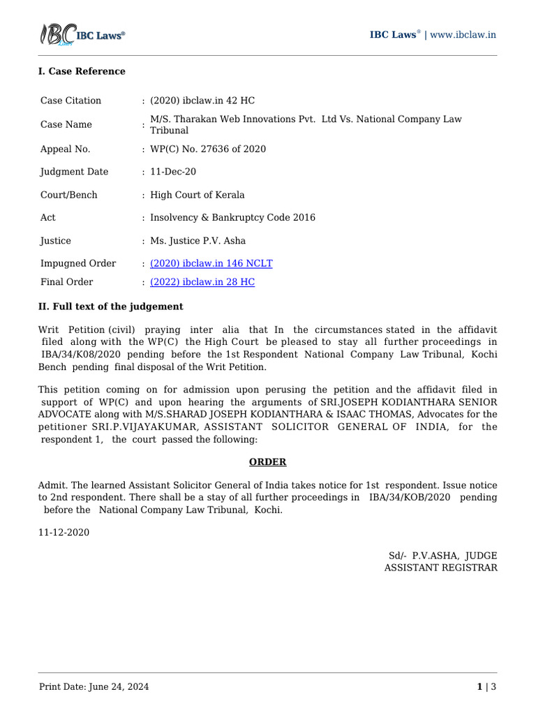 M S Tharakan Web Innovations PVT LTD Vs National Company Law Tribunal ...