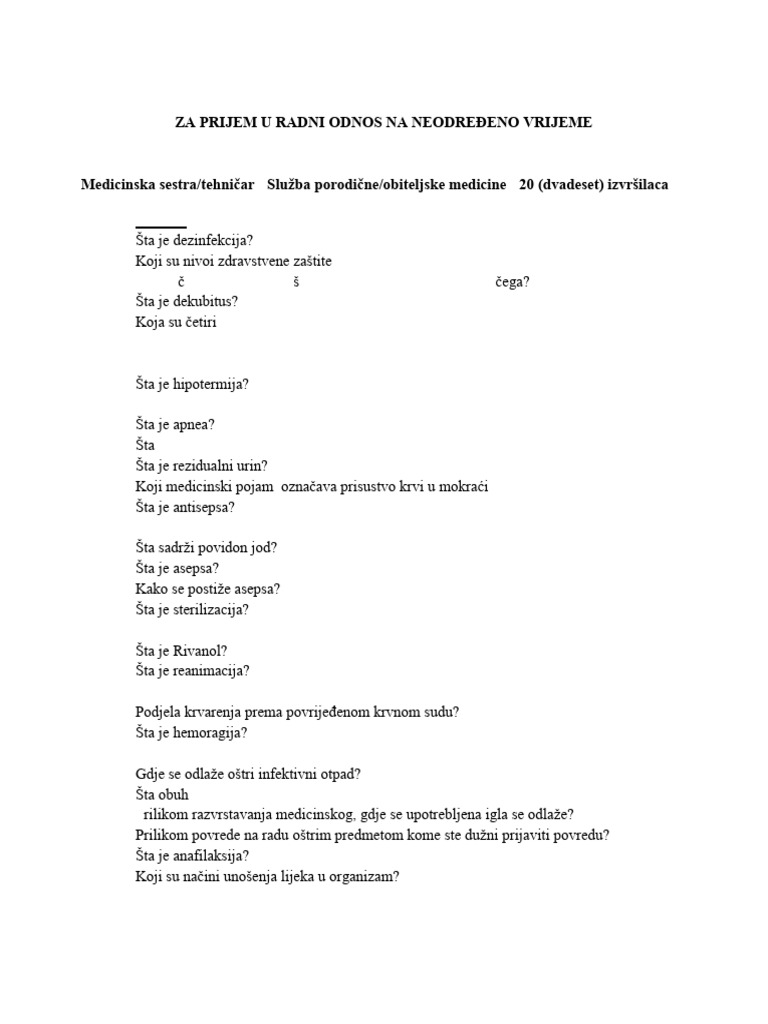 Pitanja Za Pismeni I Usmeni JO 9 Med. Sestre | PDF