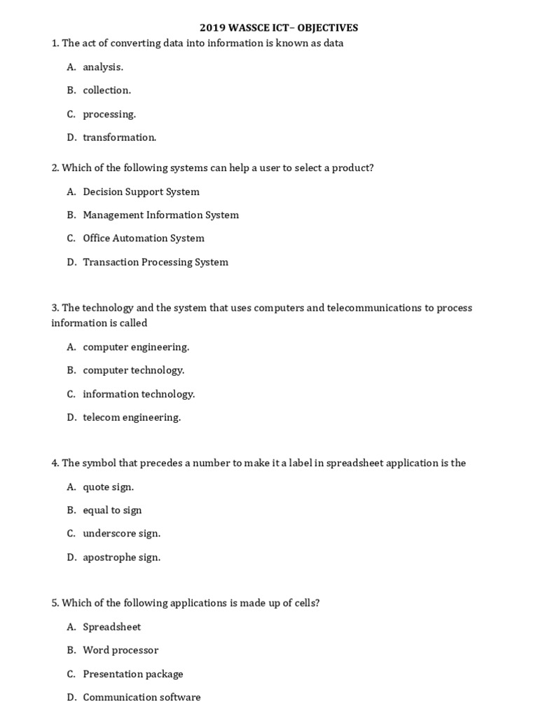 2019 Wassce Information & Comm. Tech - Objectives | PDF | Computer Network | Databases