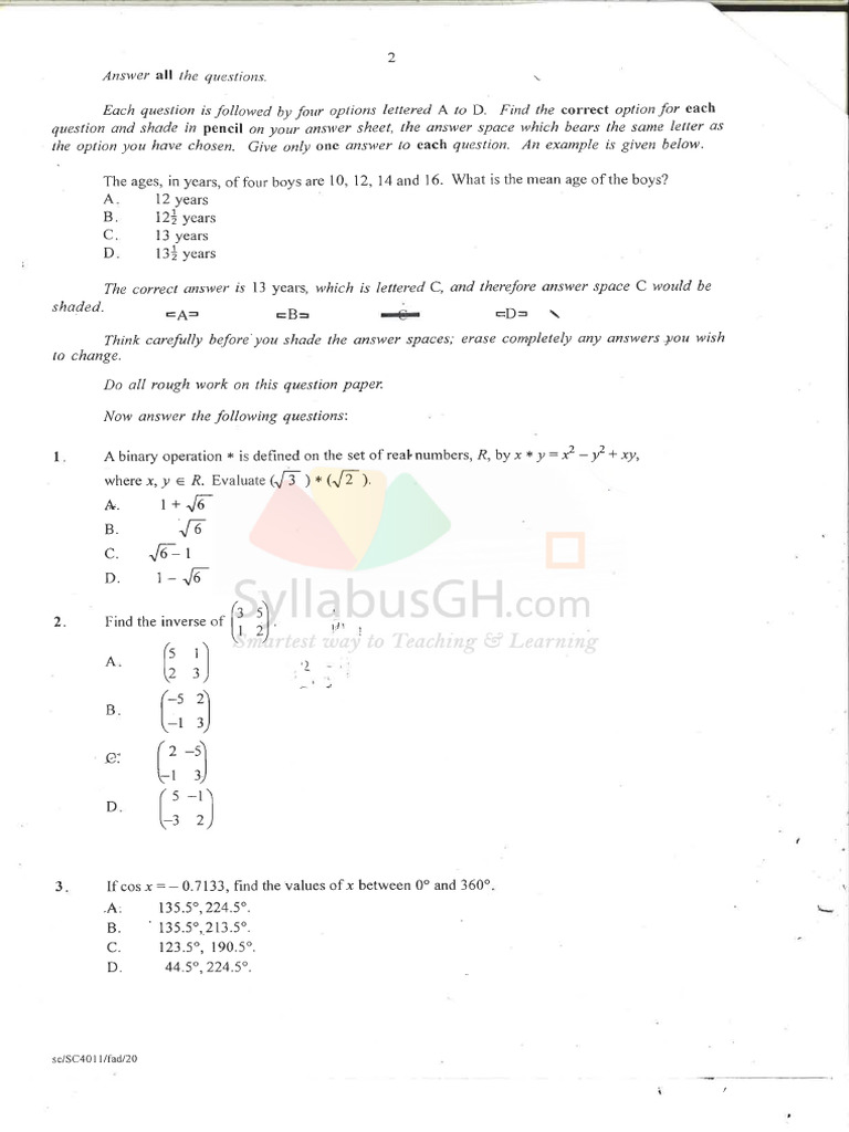 2020 WASSCE Elective Maths 1 | PDF