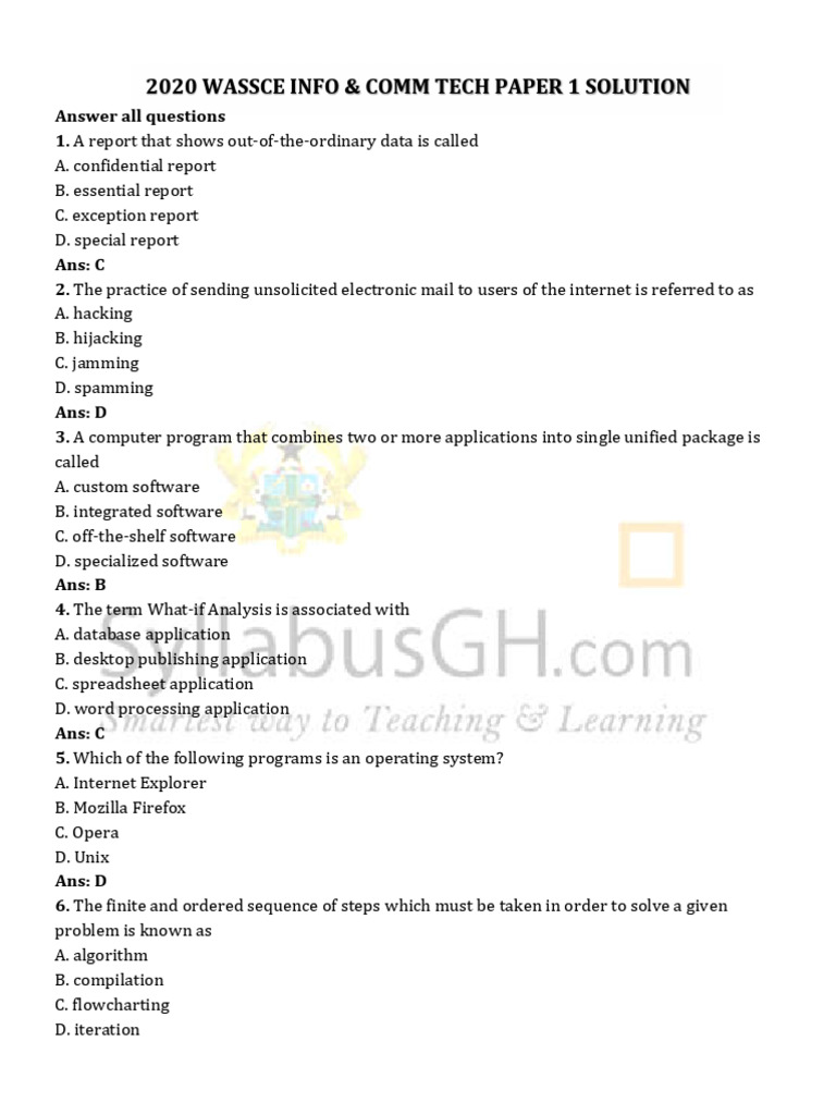 2020 WASSCE INFO & COMM TECH PAPER 1 SOLUTION | PDF | Computer Memory | Operating System