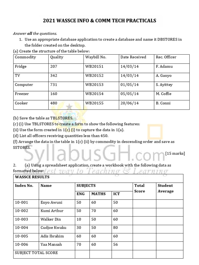 2021 Wassce Info & Comm Tech Practicals | PDF | Data Management | Computing