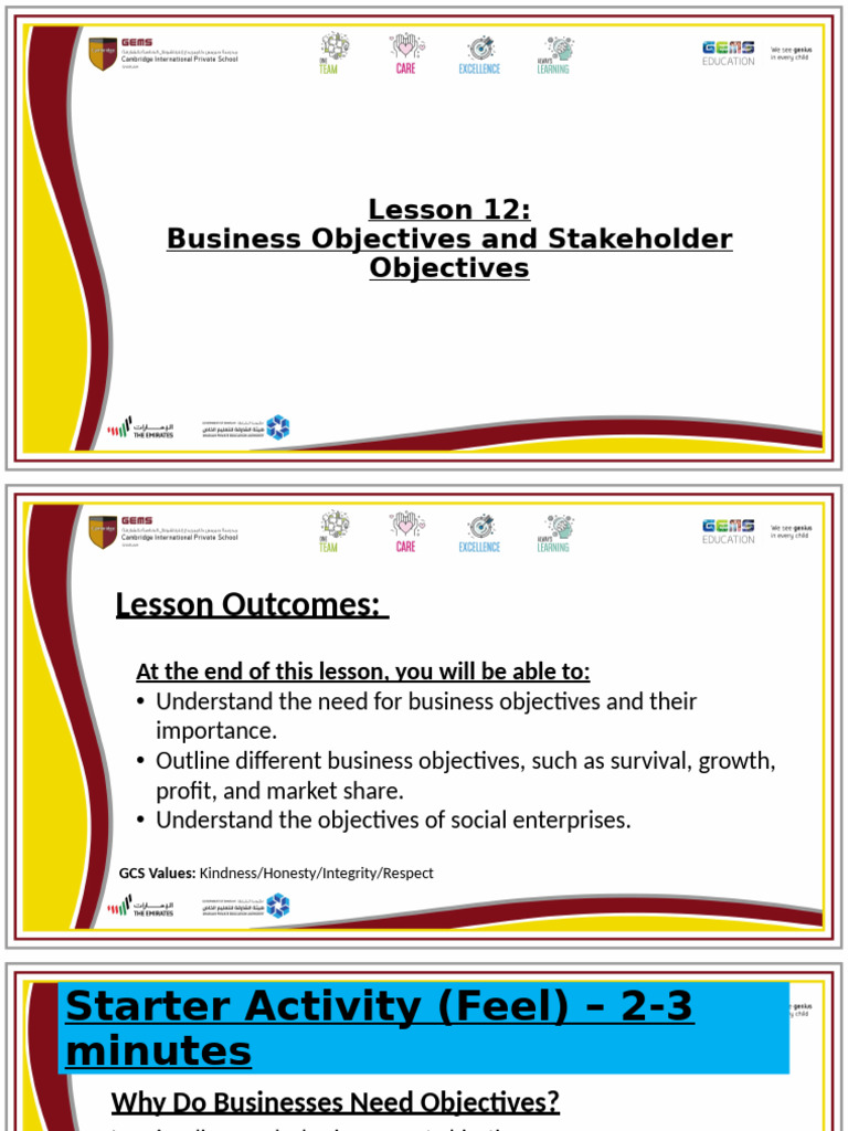 Lesson 12 - Business Objectives and Stakeholder Objectives | PDF ...