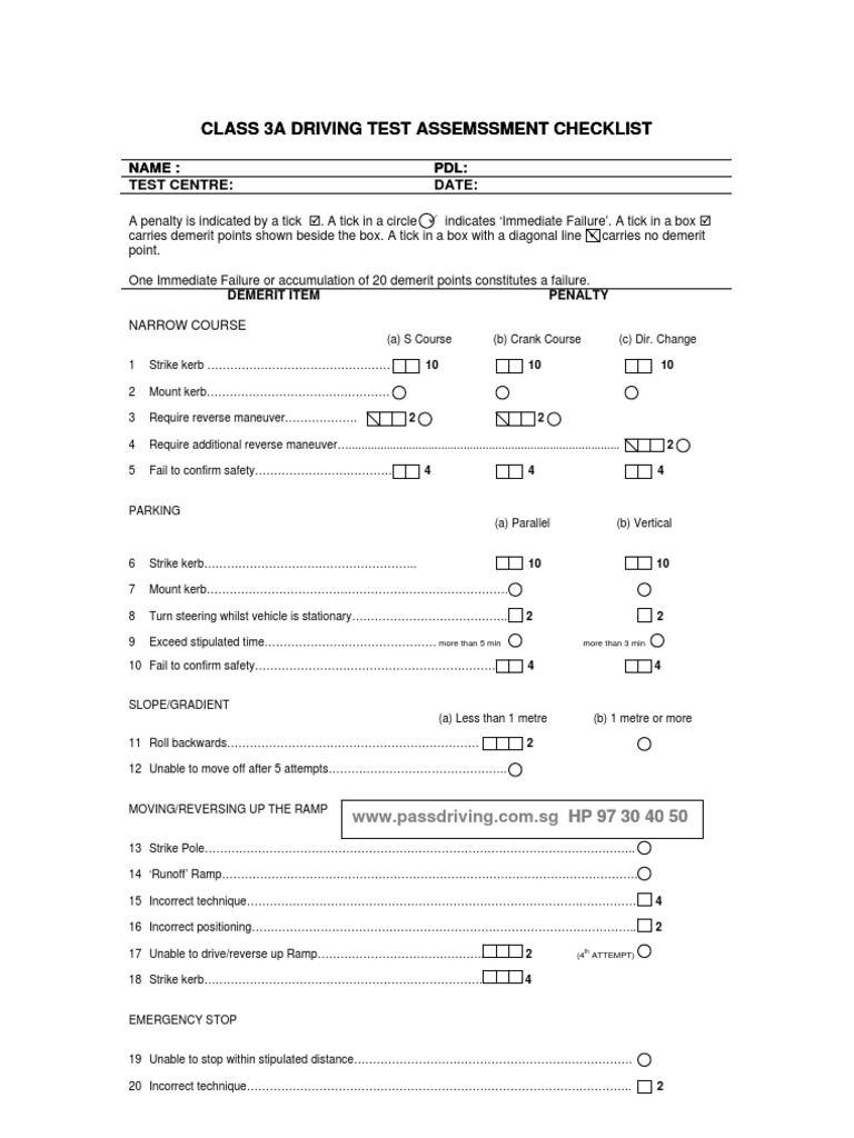 Class 3A Driving Test Checklist | PDF | Traffic | Traffic Light