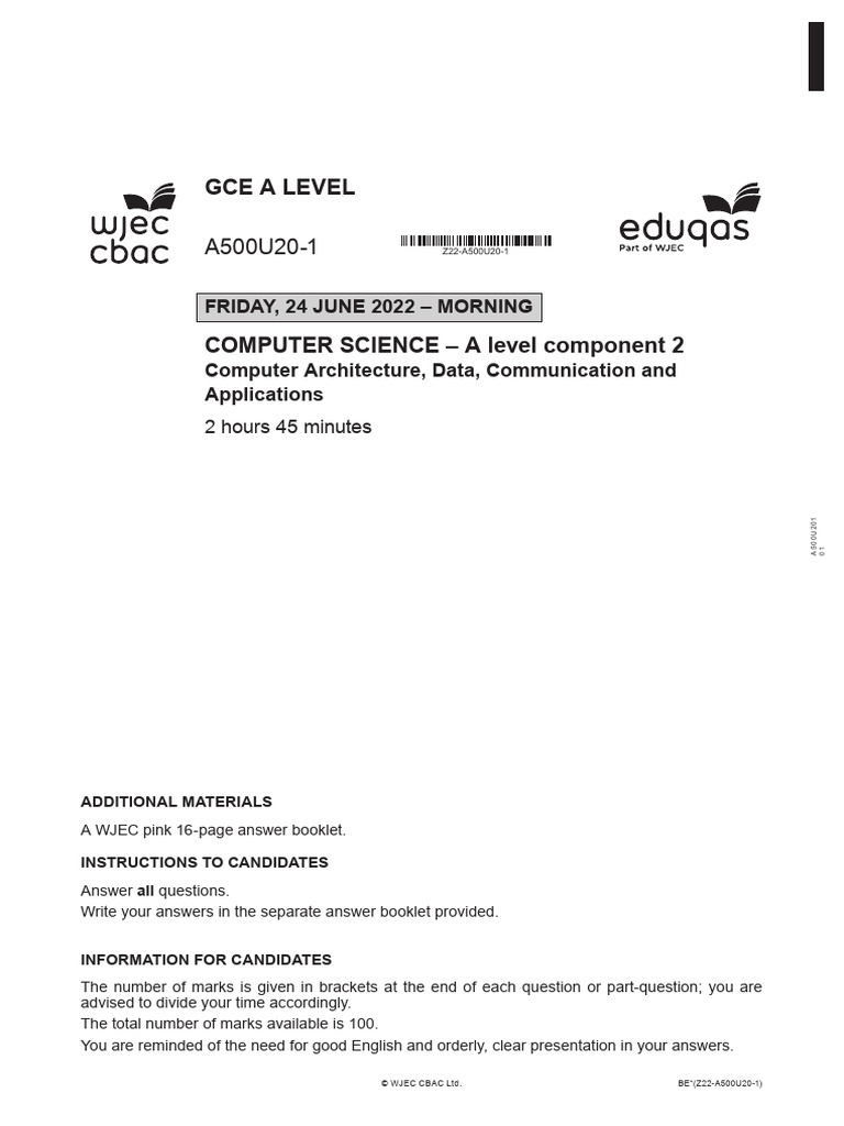 June 2022 QP - Component 2 Eduqas Computer Science A-Level | PDF | Databases | Decimal