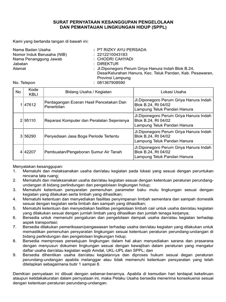 Surat Pernyataan Kesanggupan Pengelolaan Dan Pemantauan Lingkungan Hidup (SPPL) - 1 | PDF
