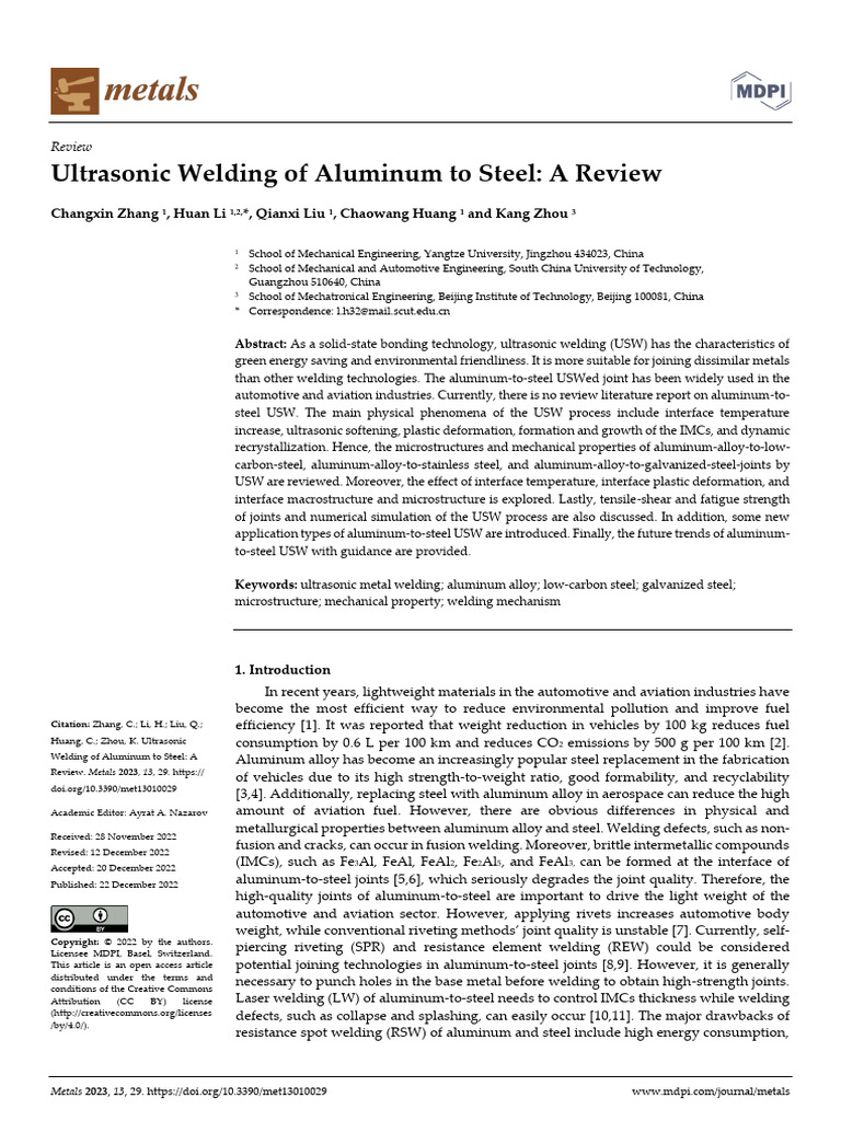 Ultrasonic Welding of Aluminum To Steel A Review | PDF | Welding ...