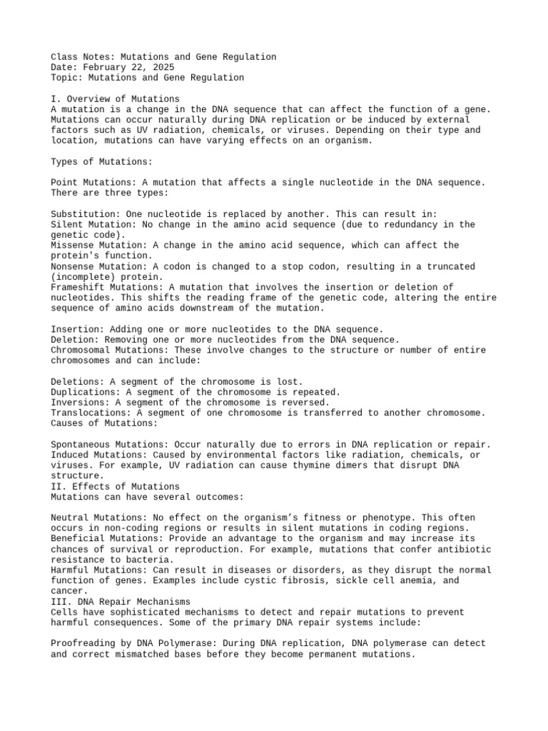 Class Notes Mutations and Gene Regulation | PDF | Mutation | Dna Repair