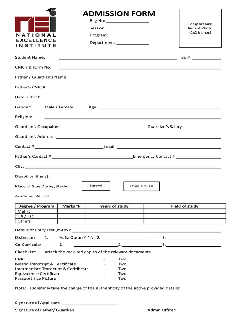 Admission Form for National Excellence Institute | PDF