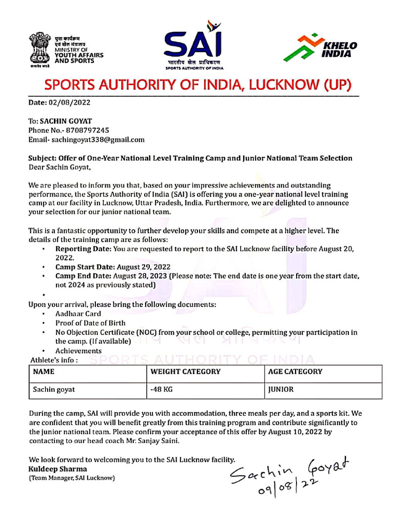 SAI Camp Letter | PDF