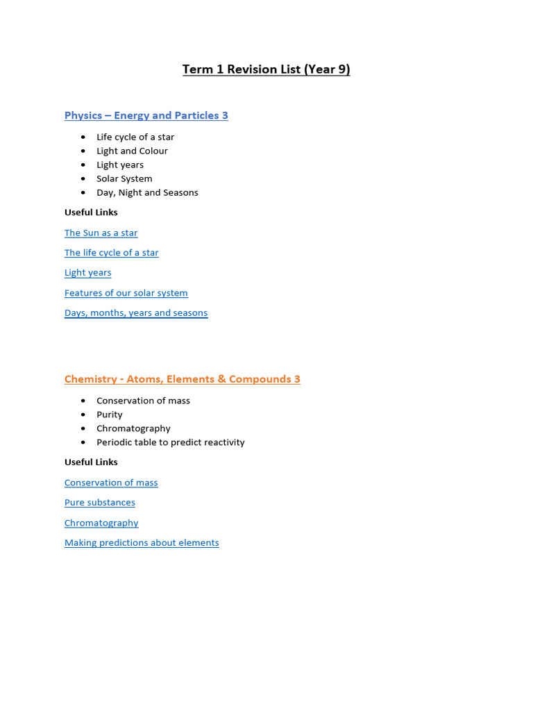 Term 1 Revision List (Year 9) 8 | PDF