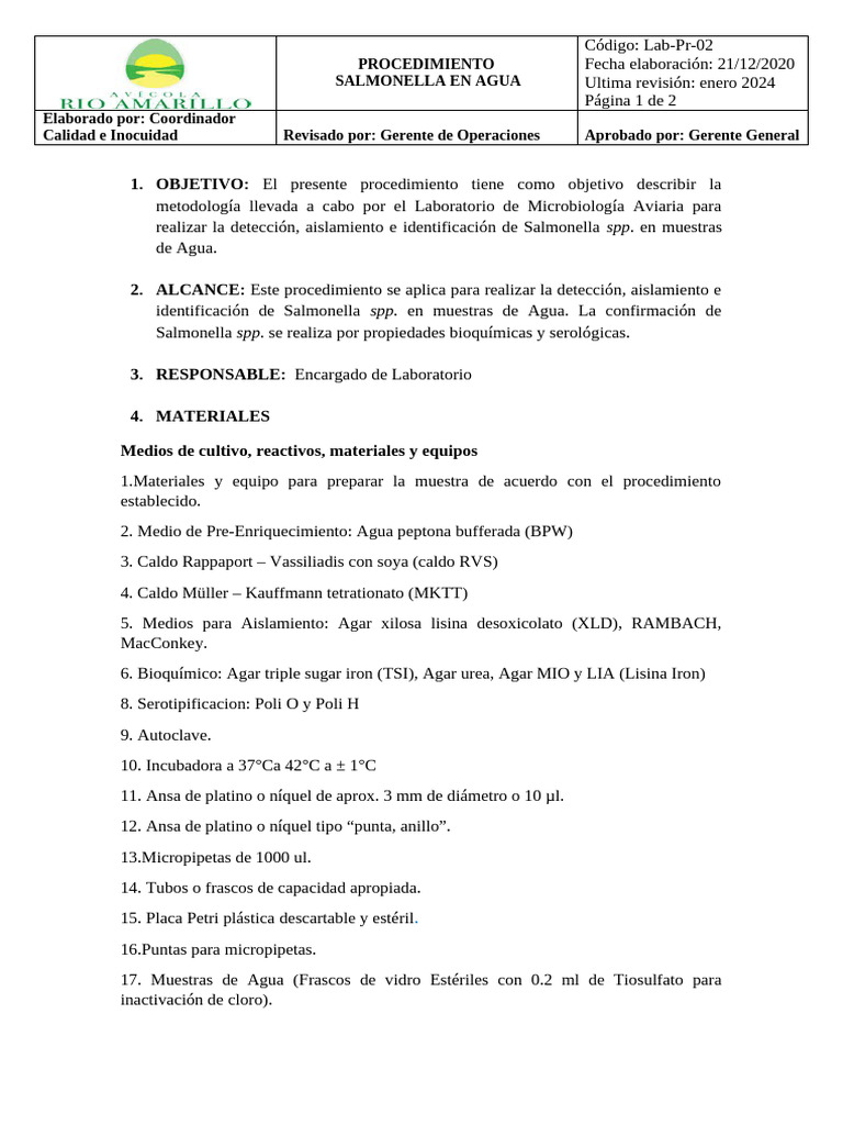2.procedimiento Salmonella en Agua Corregido Lab-Pr-02 | PDF | Microbiología