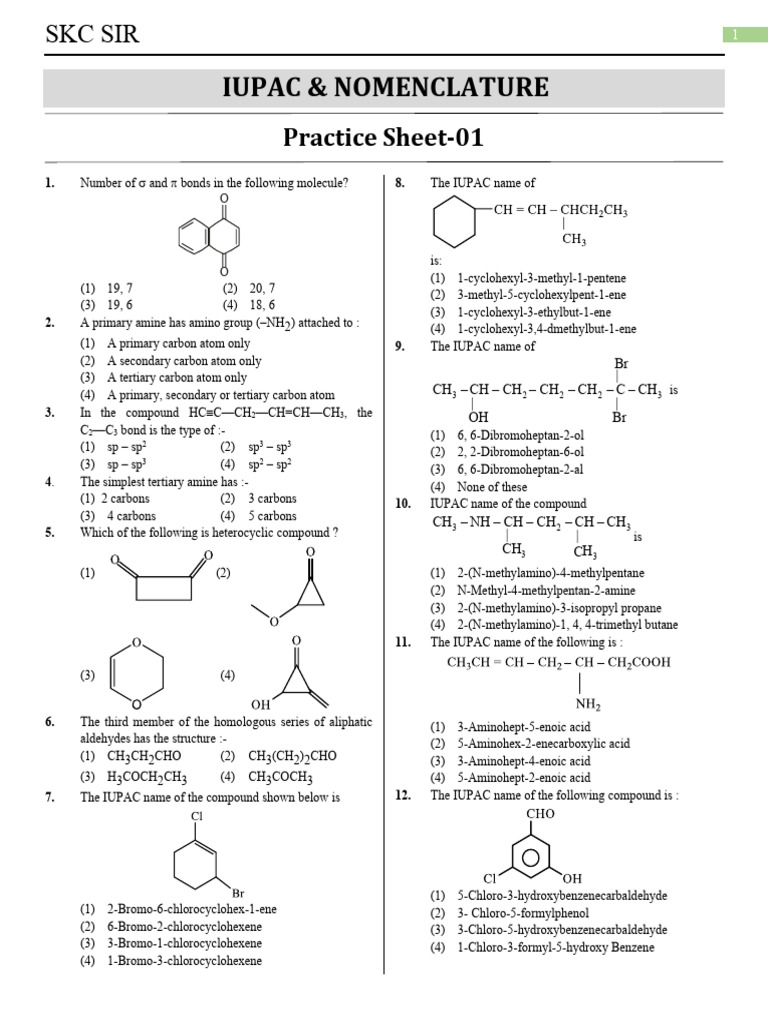 PS - 01 - IUPAC & Nomenclature - NEET - SKC SIR | PDF | Amine | Organic ...