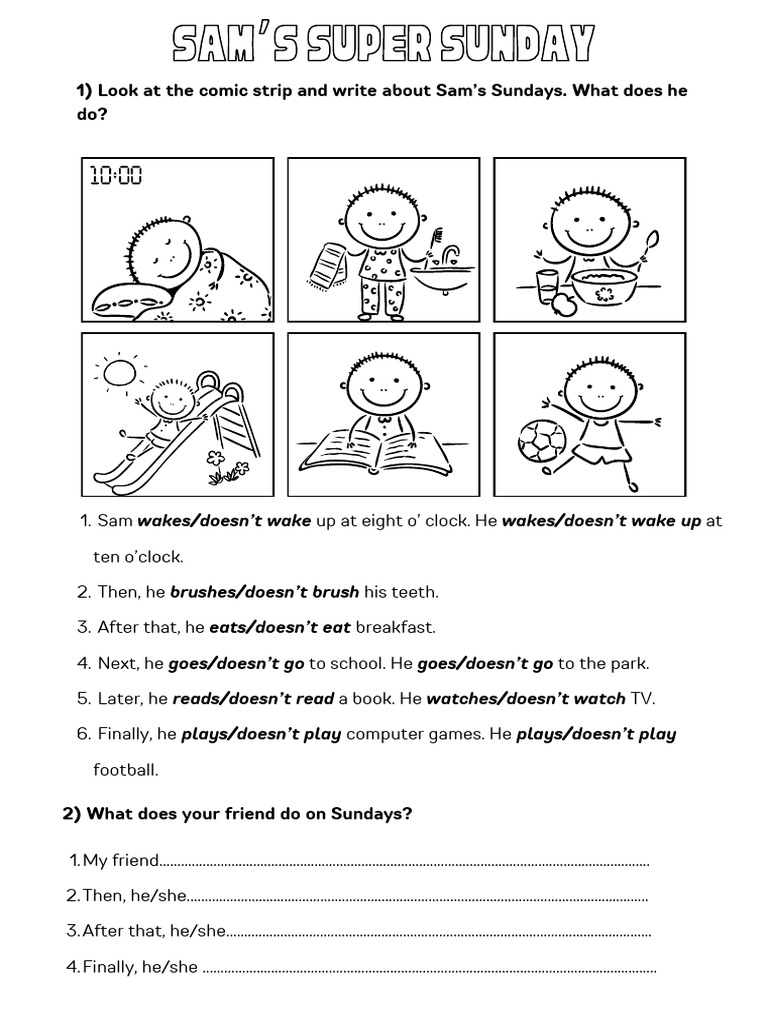 Present simple worksheet in black and white comic strip style | PDF