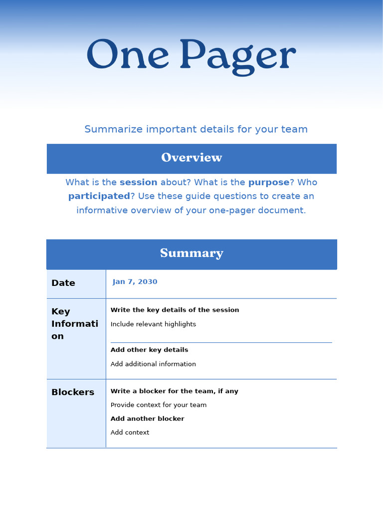 One Pager Doc in Black and White Blue Light Blue Classic Professional ...
