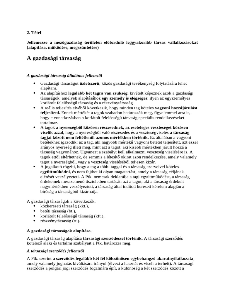 Tétel Leggyakoribb Társas Vállalkozások | PDF