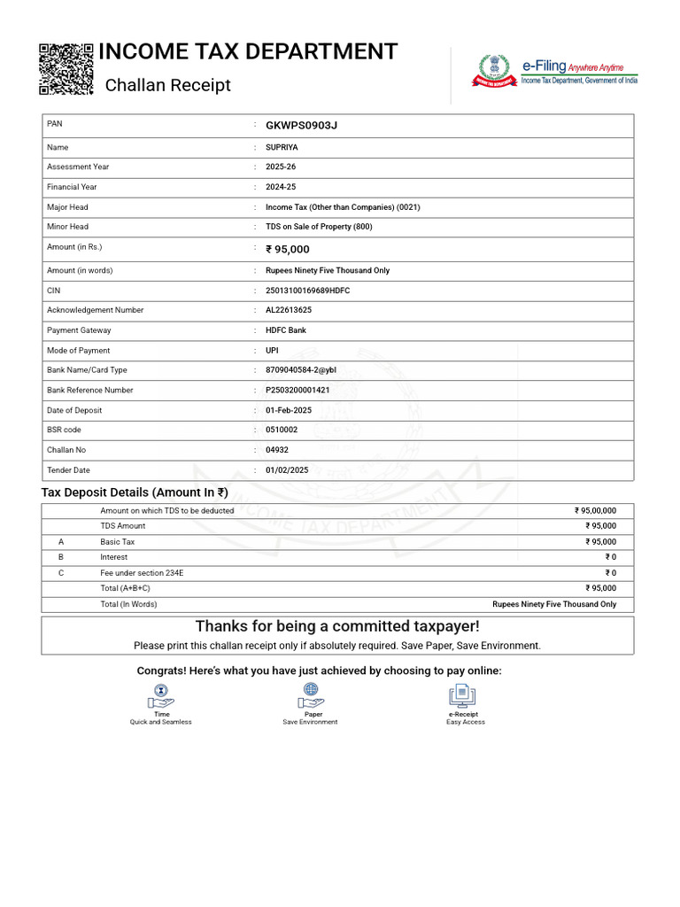 Income Tax Challan Receipt for TDS | PDF | Taxes | Payments