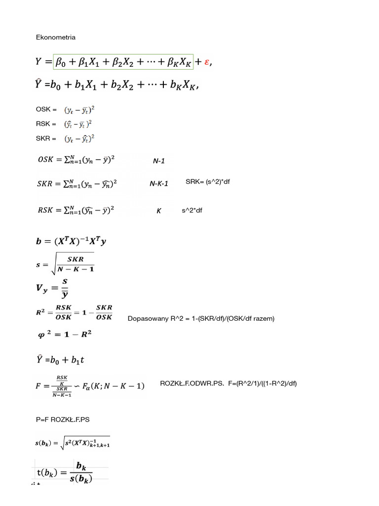 Wzory Ekonometria | PDF