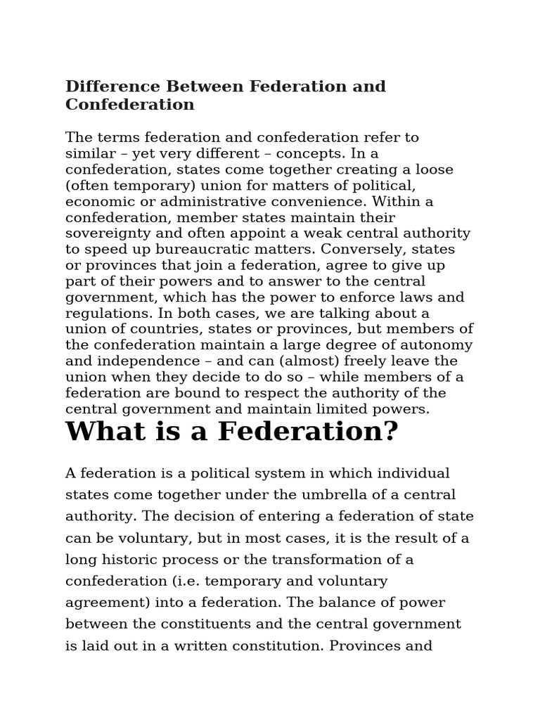 Federation vs Confederation Explained | PDF | Federation | Confederation