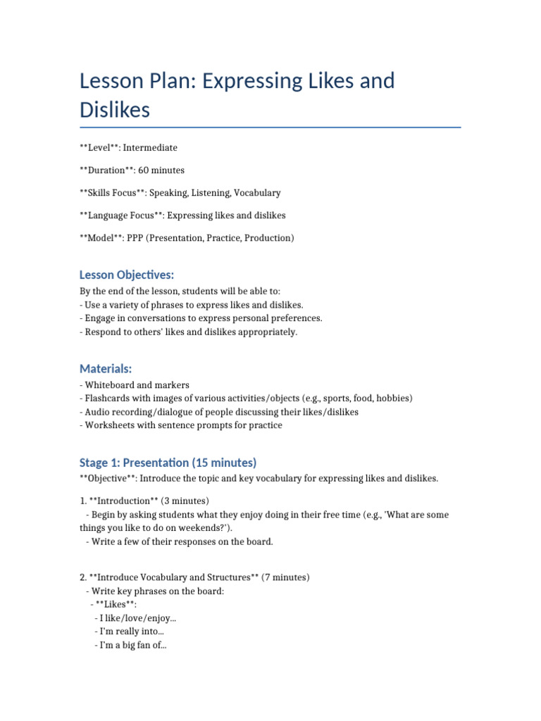 Lesson Plan Expressing Likes Dislikes | PDF | Vocabulary | Applied ...