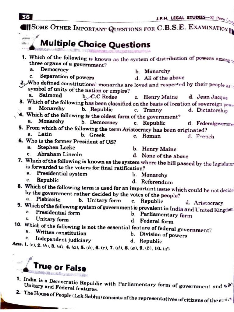 Legal Studies Class 11 JPH CH 2 Practice Q-A | PDF | Monarchy | Republic