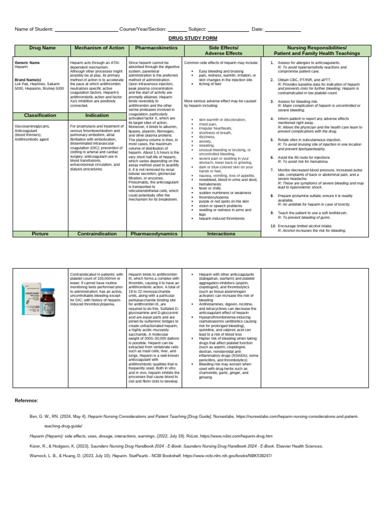 Heparin Drug Study | PDF | Bleeding | Thrombosis