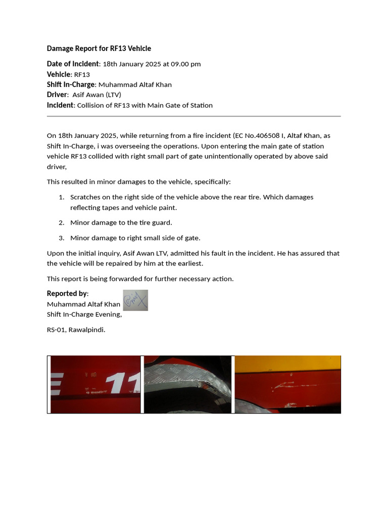 Asif Awan Damage Report For RF13 Vehicle | PDF