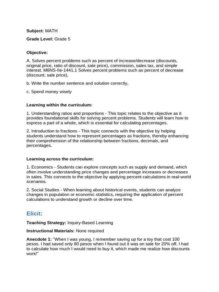 lesson_plan | PDF | Percentage | Learning