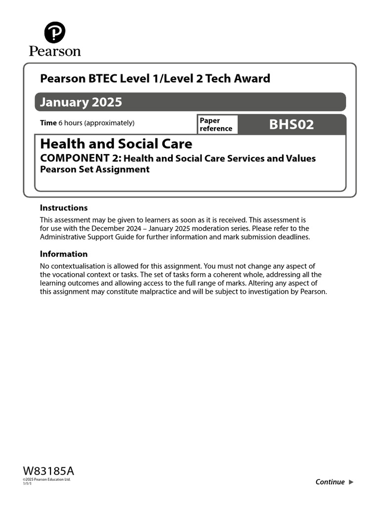Btec l1l2 Tech Award Health and Social Care Bhs02 U2 Jan 2025 C2 | PDF ...