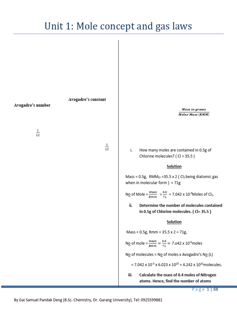 Mole Concept and Gas Laws Overview | PDF | Mole (Unit) | Molecules