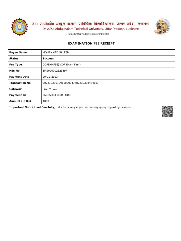 COP Exam Fee Receipt for Mohammad Saleem | PDF
