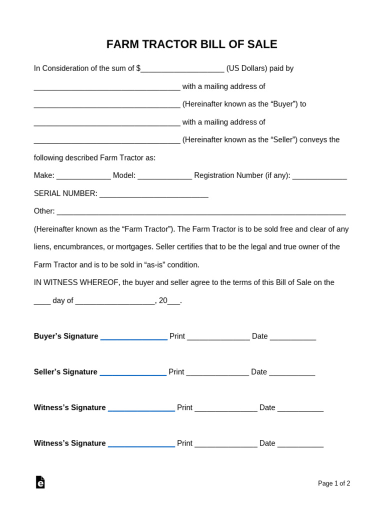 Farm Tractor Bill of Sale Template | PDF