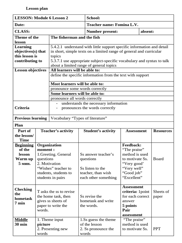 lesson-the-fisherman-and-the-fish | PDF | Teachers | Vocabulary