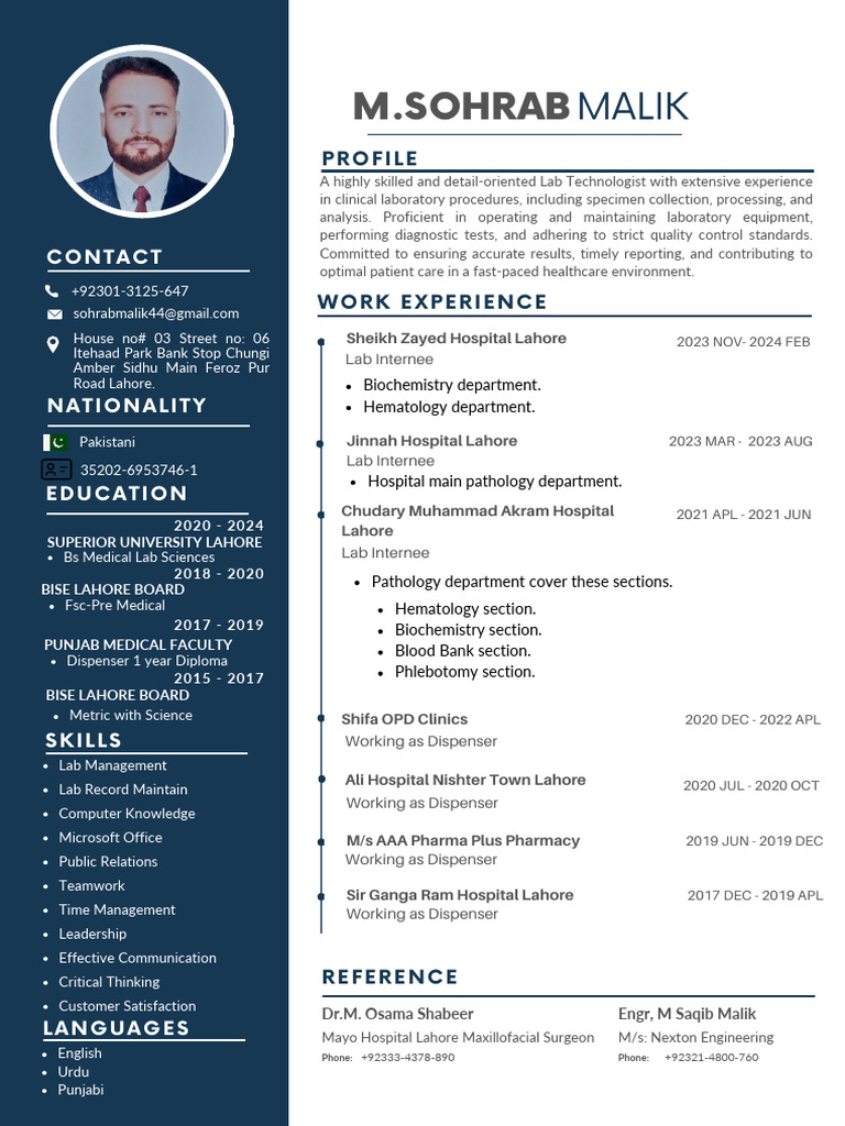 CV Sohrab Lab Technologist | PDF | Medical Laboratory | Health Care
