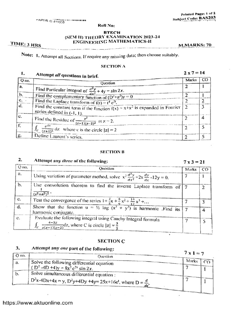 Btech 2 Sem Engineering Mathematics 2 Bas203 2024 | PDF