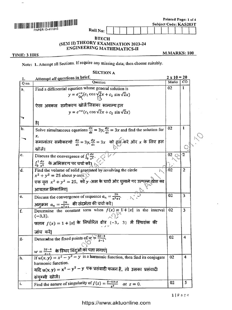 Btech 2 Sem Engineering Mathematics 2 Kas203t Aug 2024 | PDF