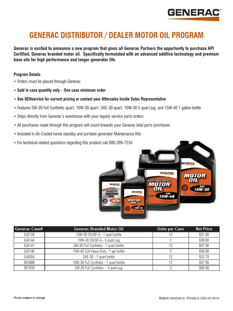 Generac Oil Program 0202340A | PDF