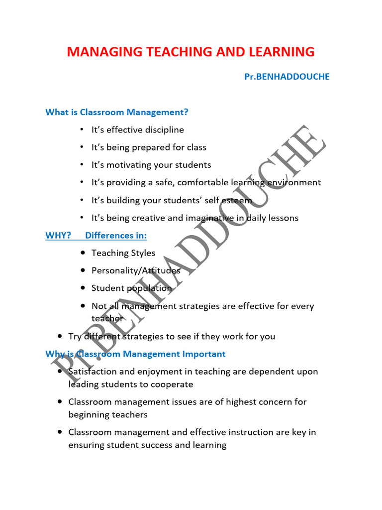 Managing Teaching and Learning | PDF | Classroom Management | Teachers