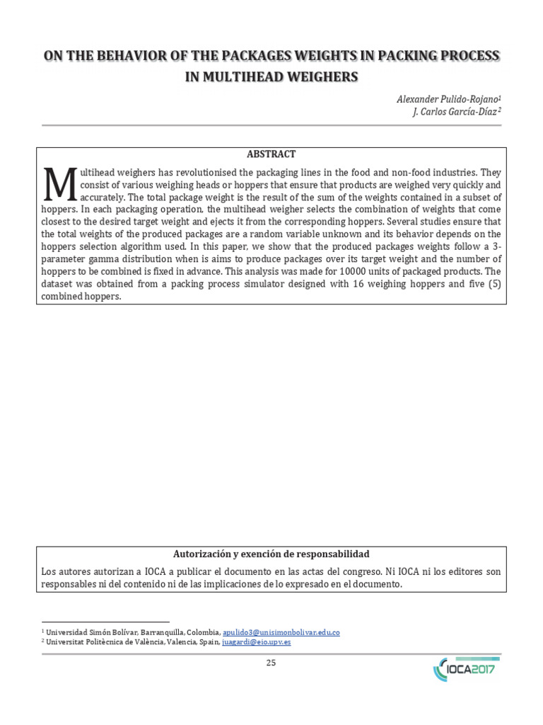 On The Behavior of The Packages Weights in Packing Process in Multihead Weighers | PDF