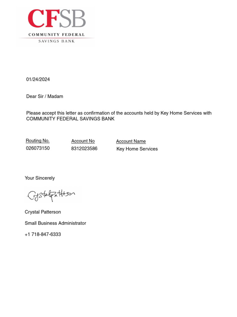Bank Letter Confirmation for Key Home Services | PDF