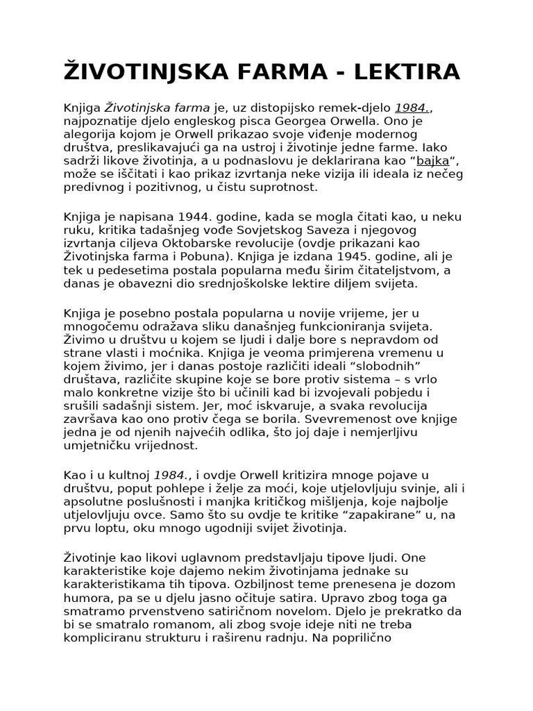 Zivotinjska Farma - Lektira | PDF
