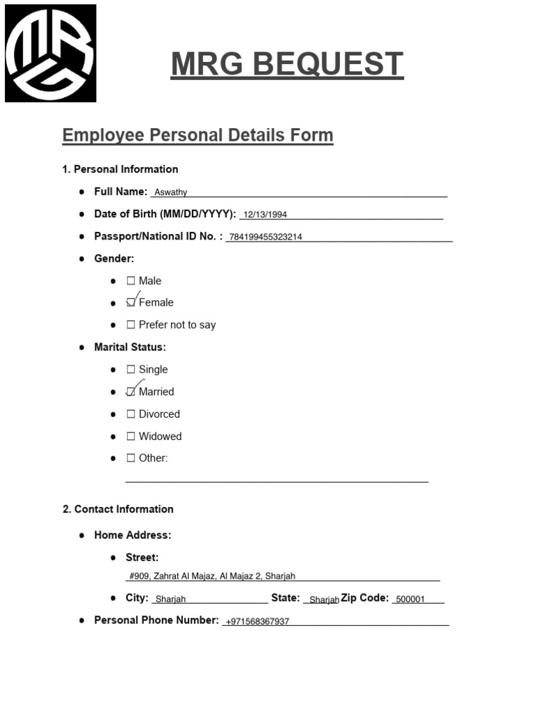 Employee Personal Details Form | PDF